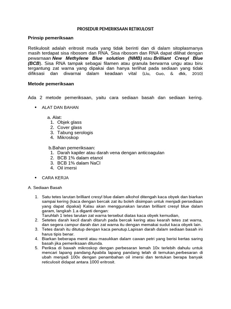 Prosedur Pemeriksaan Retikulosit | PDF