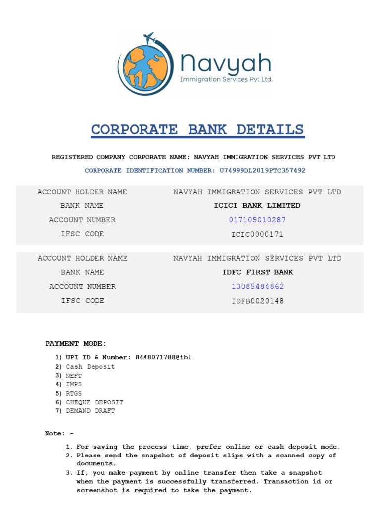 Corporate Account Details - Navyah Immigration Services PVT LTD | PDF