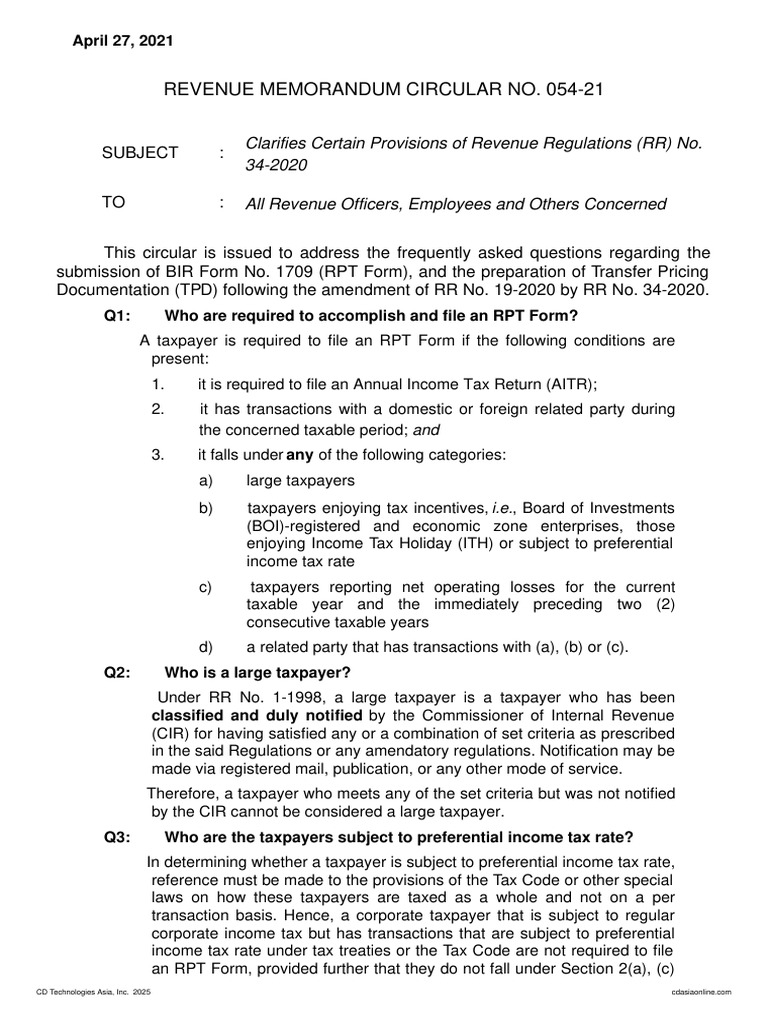 Clarifies Certain Provisions of Revenue Regulations (RR) No. 34-2020 ...