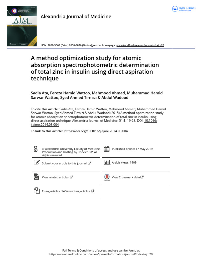A Method Optimization Study For Atomic Absorption Spectrophotometric Determination of Total Zinc ...
