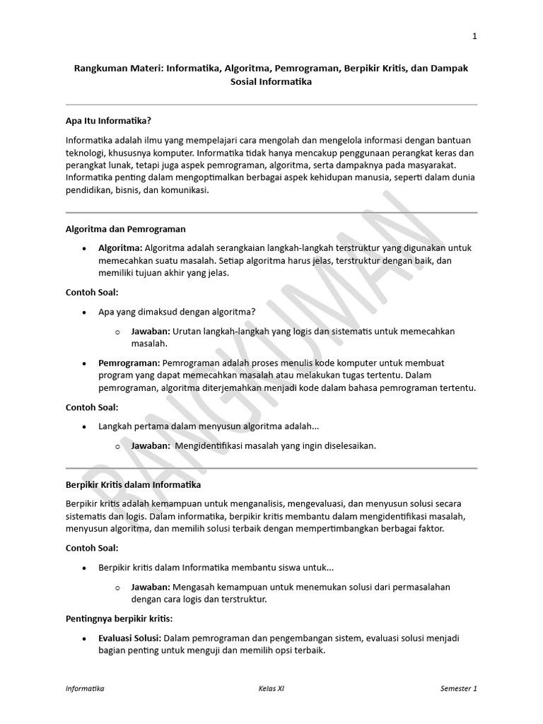 Rangkuman Materi Informatika XI SMT 1 | PDF