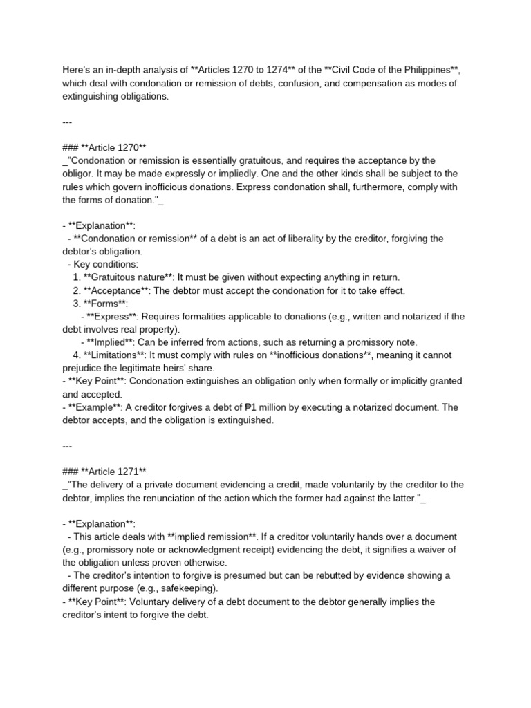 Analysis of Philippine Civil Code Articles 1270-1274 | PDF | Debtor | Debt