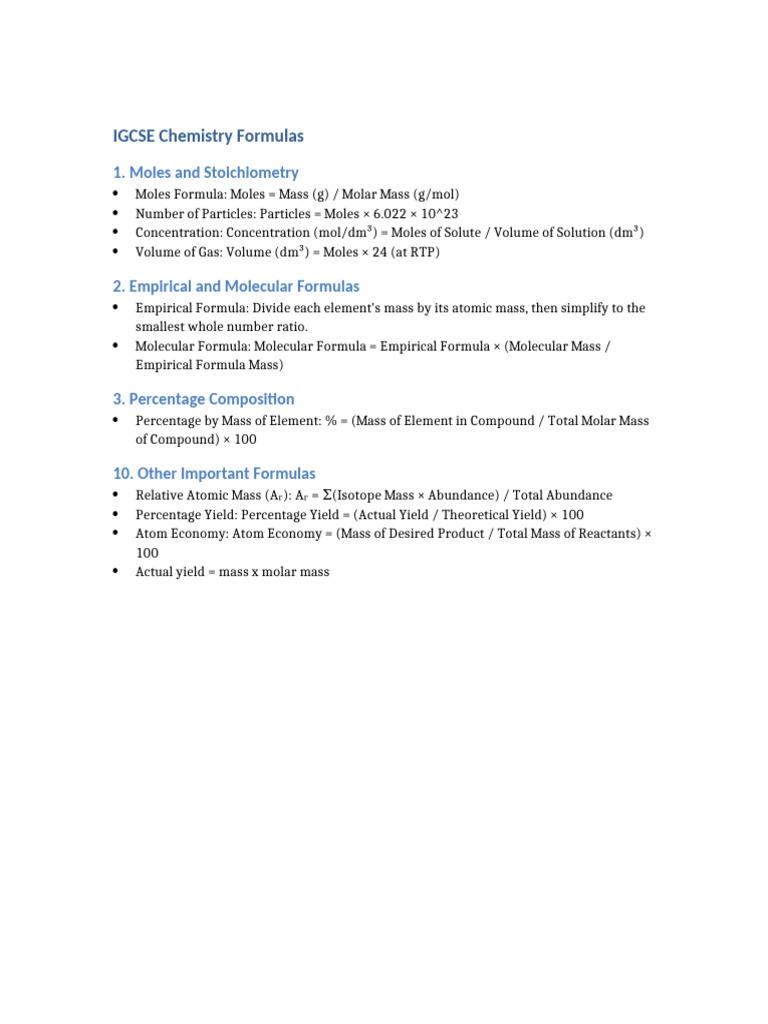 IGCSE Chemistry Formulas | PDF