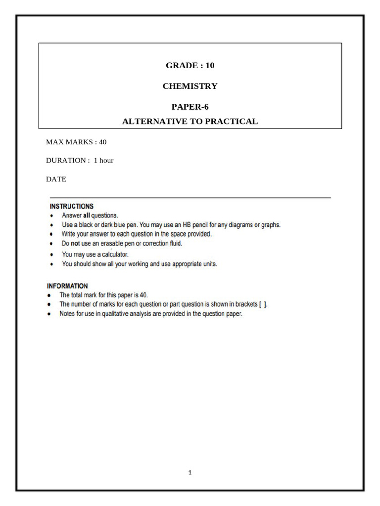 Grade 10 - Chemistry - Paper 6 - Question Paper | PDF