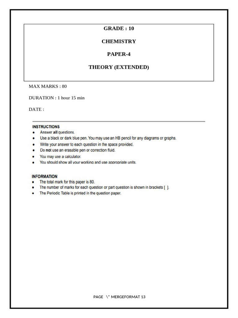 Grade 10 – Chemistry -Paper 4 Qp | PDF