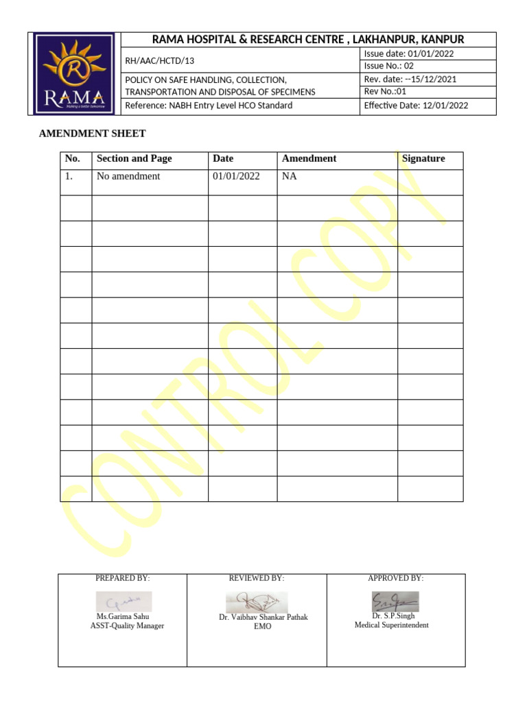 1 Policy On Safe Handling, Collection | PDF | Patient | Laboratories