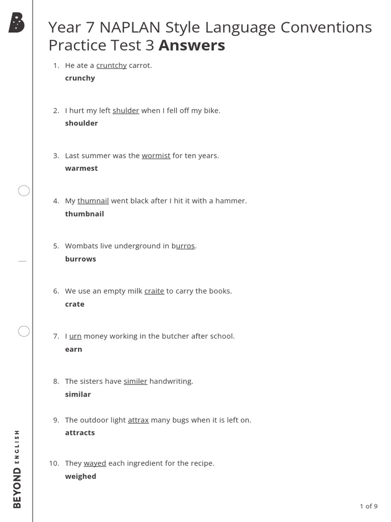Year 7 NAPLAN Style Language Conventions Practice Test 3 - Answers ...