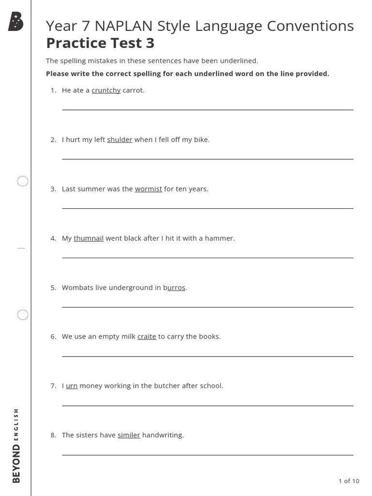 Year 7 NAPLAN Style Language Conventions Practice Test 3 - Print | PDF ...