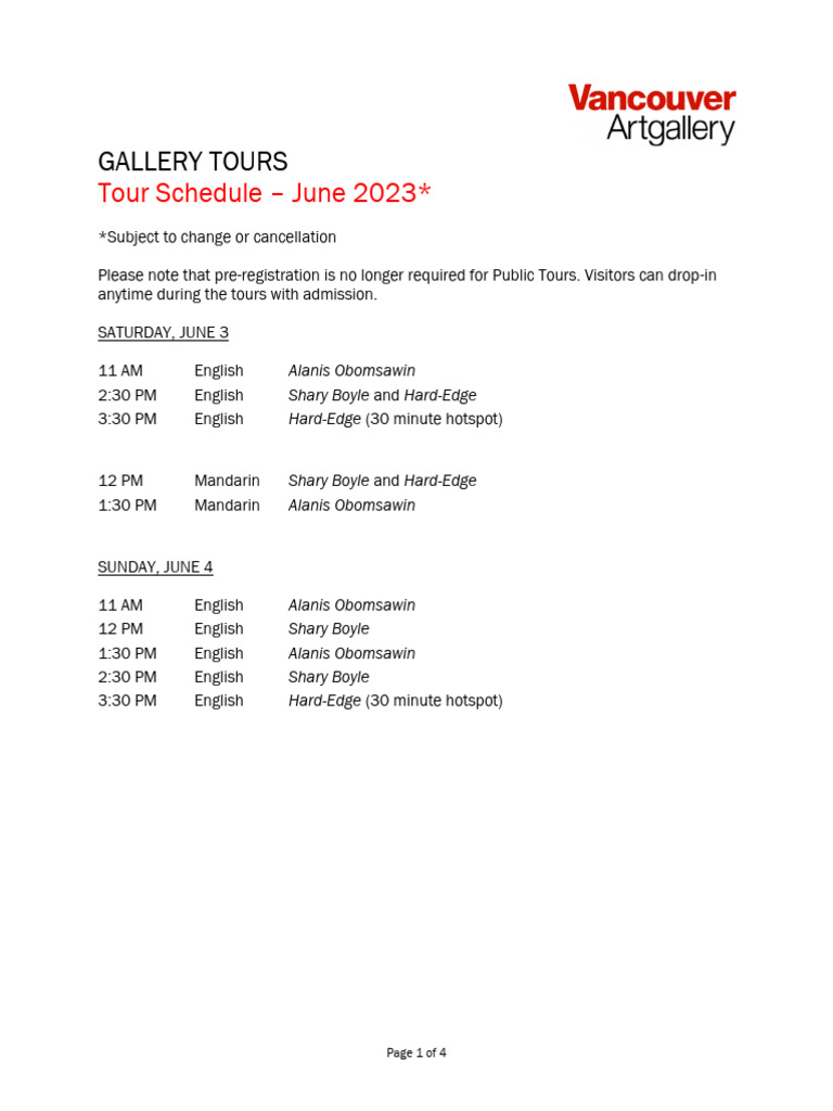 VAG Tours June 2023 Schedule | PDF