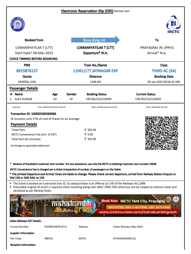 Electronic Reservation Slip for Train Booking | PDF | Identity Document ...
