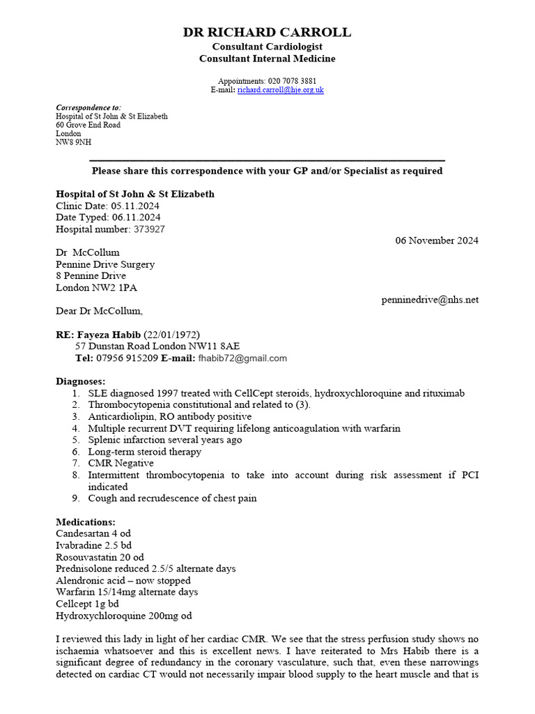 Letter To GP Re Patient 05-11-2024 | PDF | Cardiology | Percutaneous ...