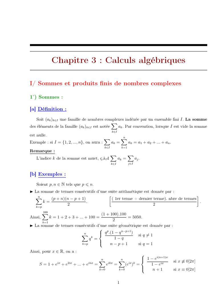 Calculs algébriques des sommes et produits | PDF | Combinatoire ...
