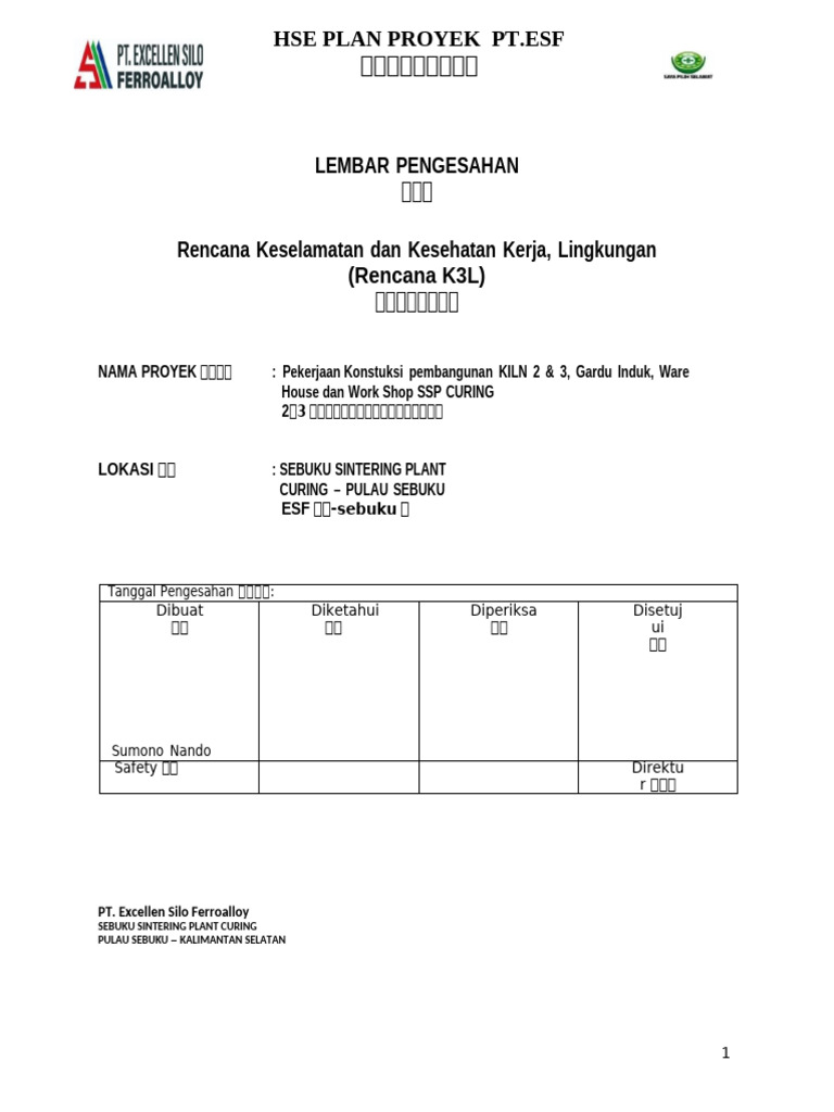 Hse Plan Pt. Excellen Silo Ferroalloy (Pt. Esf) .Word | PDF
