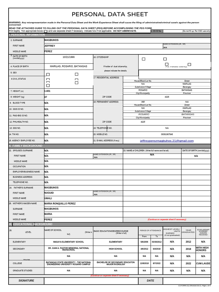 Cs Form No. 212 Revised Personal Data Sheet | PDF | Identity Document ...
