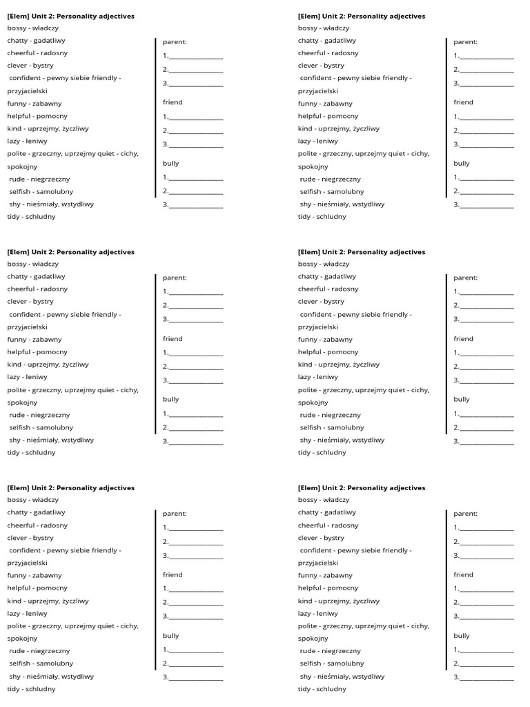 (Elem) Unit 2 Personality Adjectives | PDF