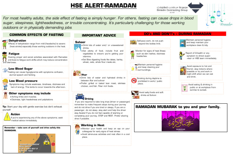 HSE Alert - Ramadan | PDF | Ramadan | Dehydration
