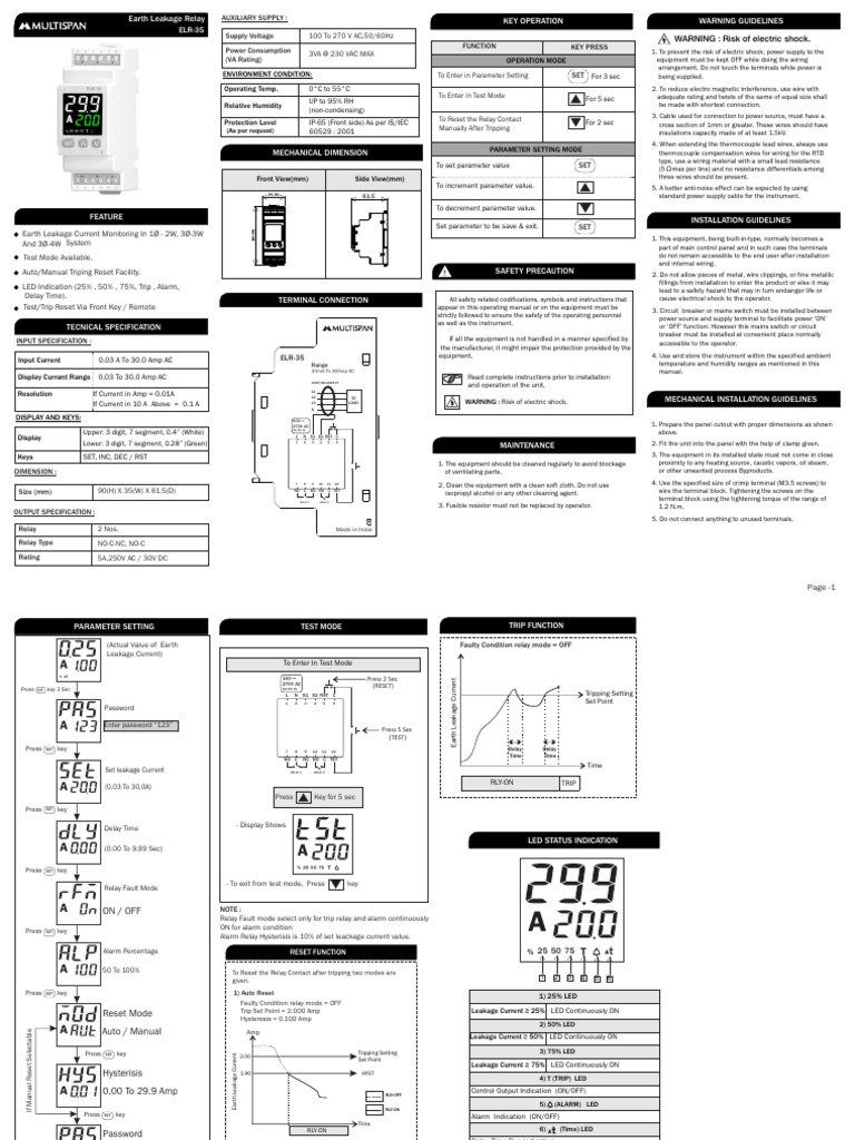 ELR-35 Earth Leakage Relay Overview | PDF | Relay | Alternating Current