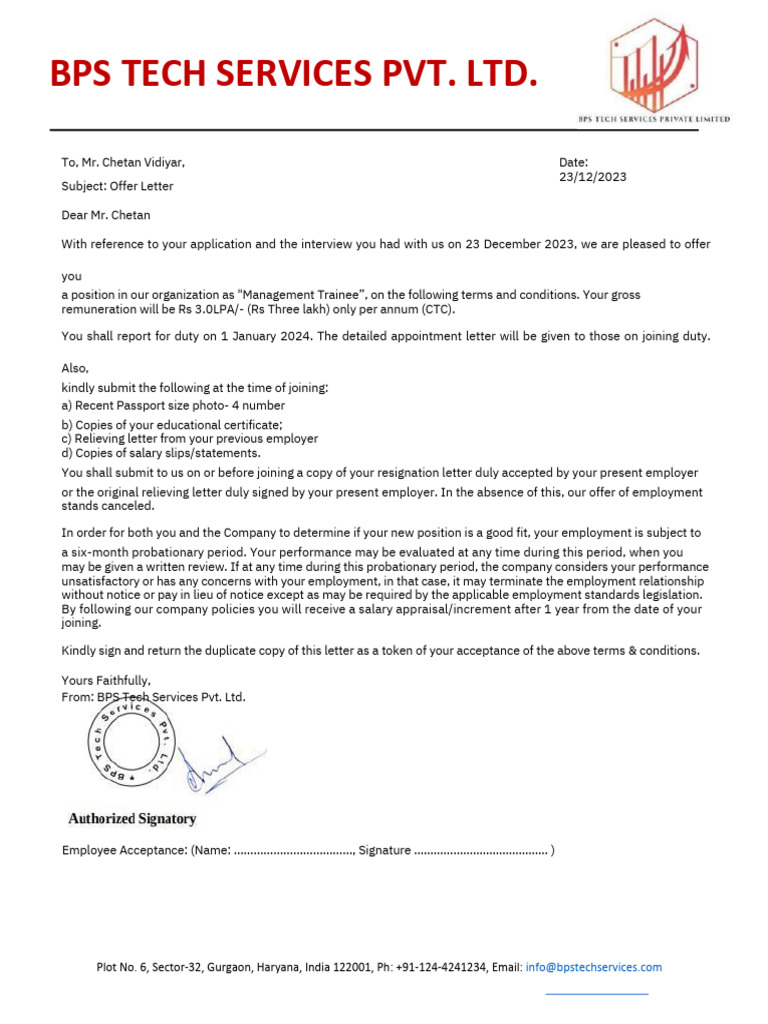 Offer Letter - Chetan Vidiyar .PDF New | PDF