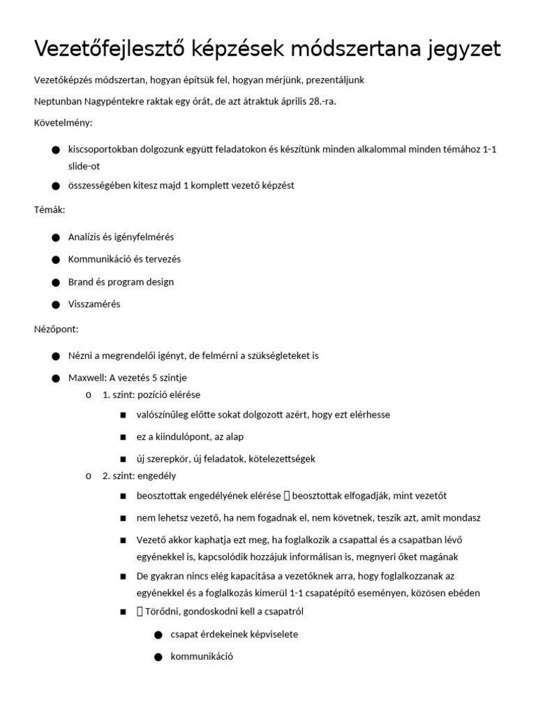 Vezetőfejlesztő Képzések Módszertana Jegyzet | PDF