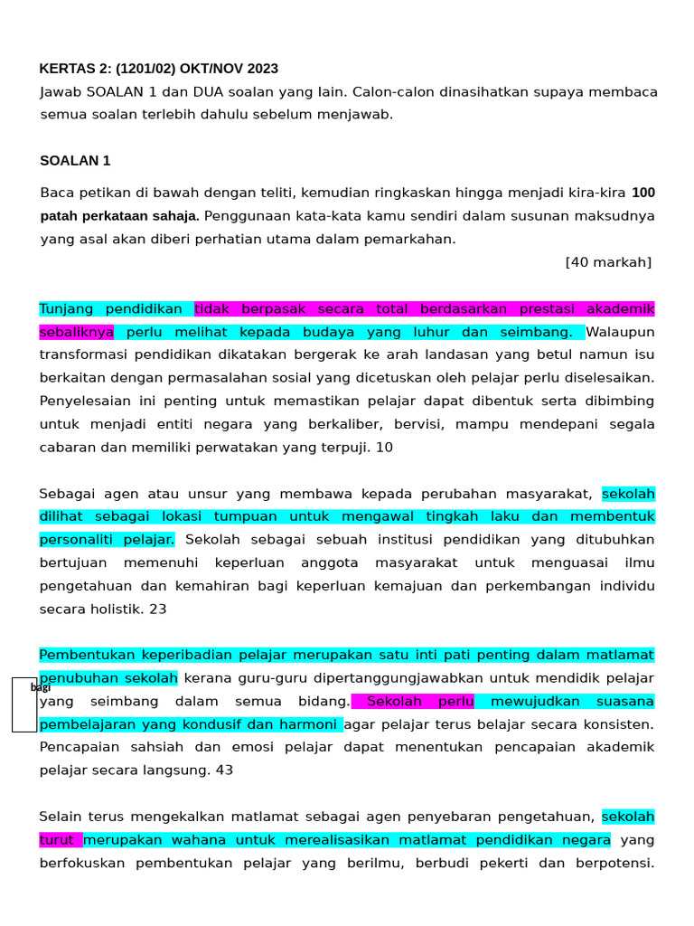 Skim Jawapan Ringkasan Okt Nov 2023 Kertas BM2 | PDF