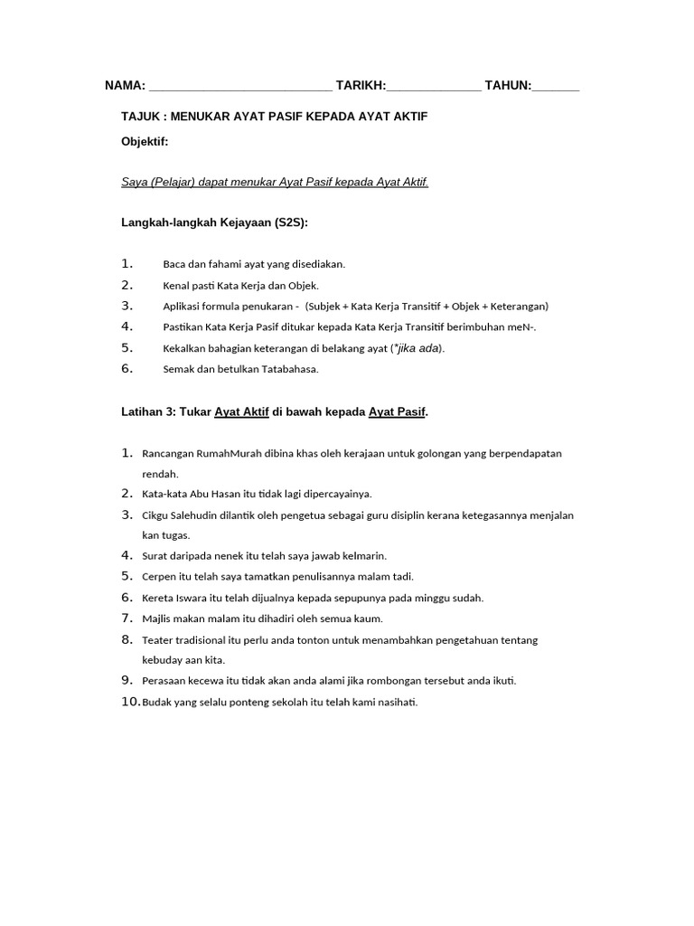 Latihan Tatabahasa Ayat Aktif Dan Ayat Pasif | PDF