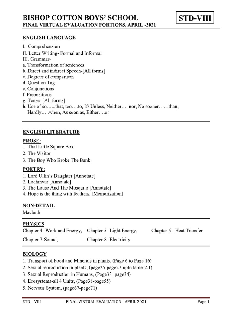 Class 8 Portions for Final Exam 2021 | PDF