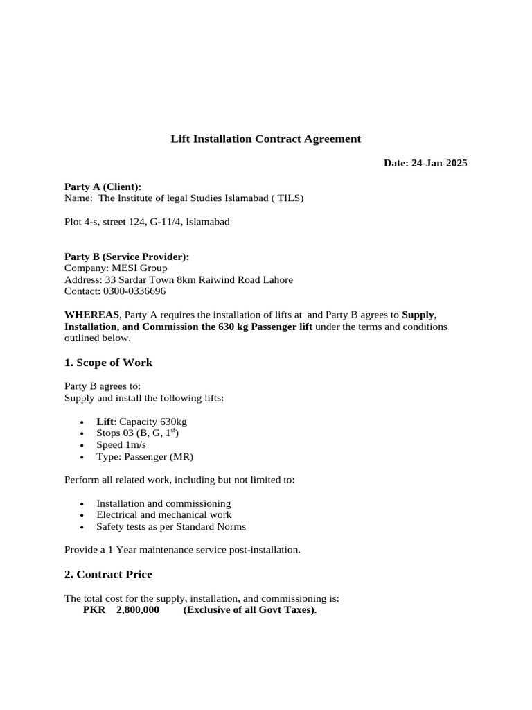 Lift Installation Contract Agreement | PDF | Elevator