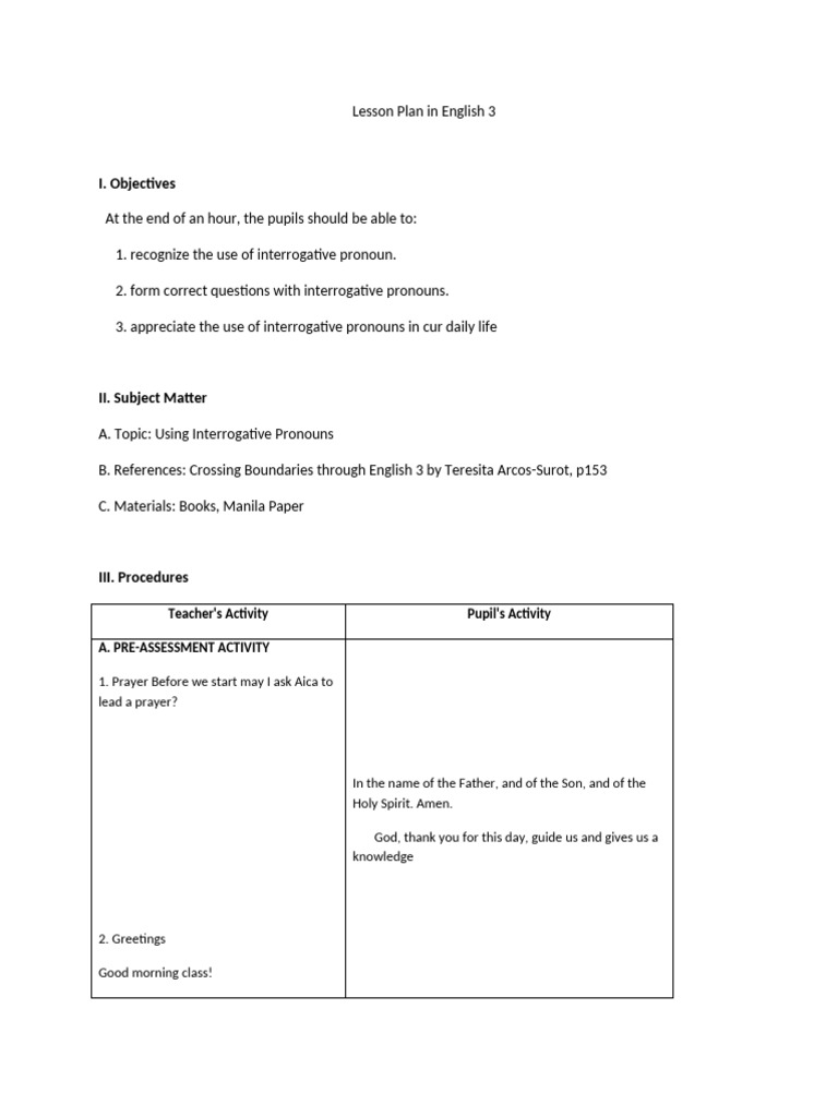 Lesson Plan in-WPS Office | PDF | Pronoun | Question