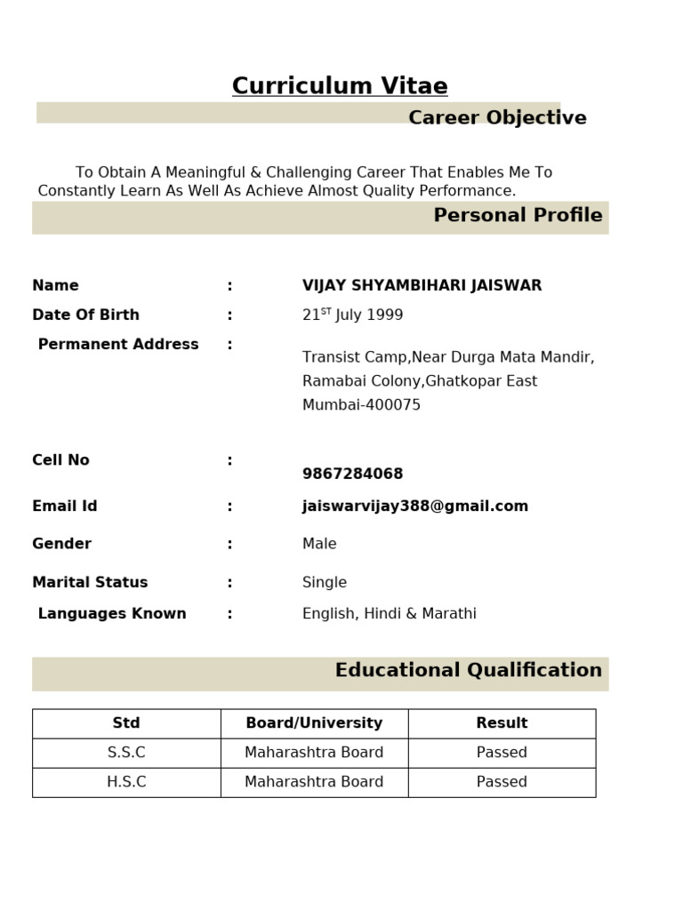 Curriculum Vitae: Career Objective | PDF
