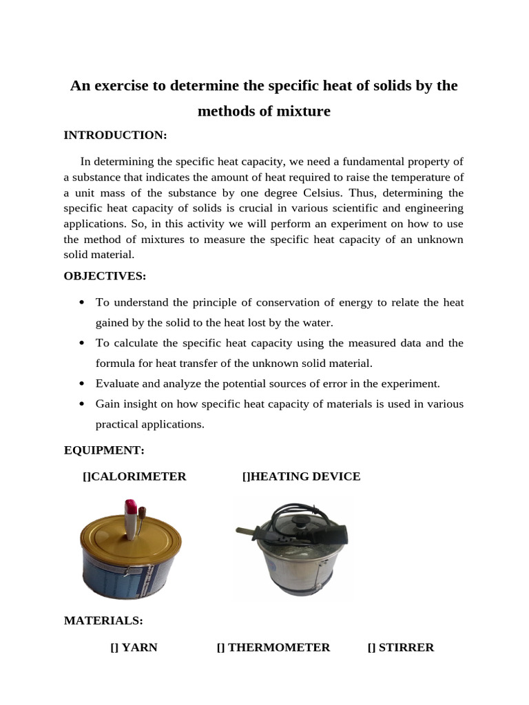 An exercise to determine the specific heat of solids by the methods of ...