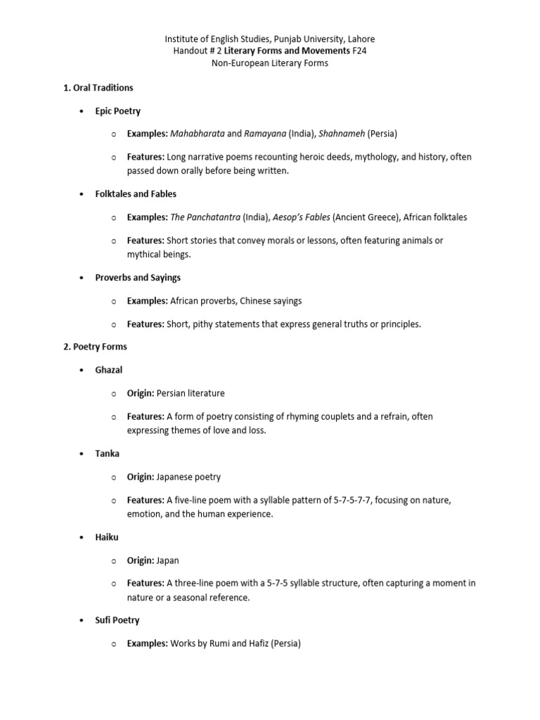 Non-European Literary Forms Overview | PDF | Poetry | Fable