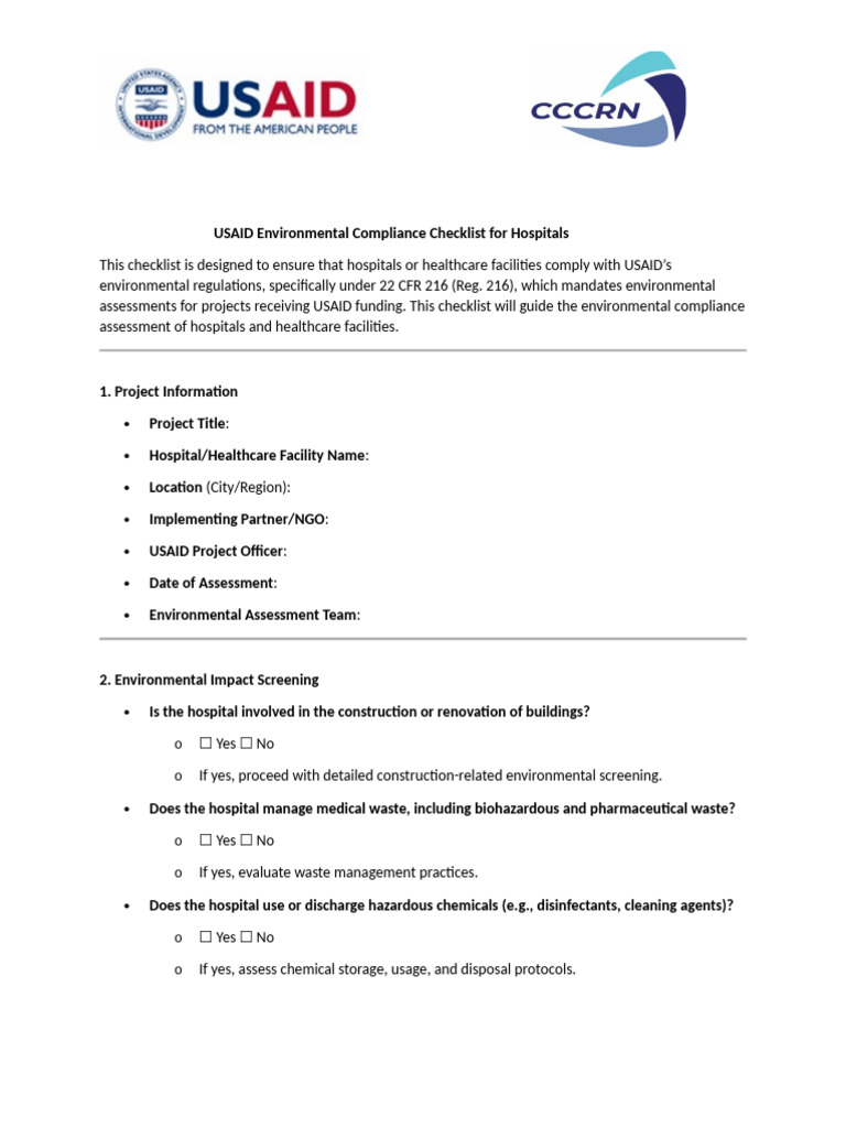 USAID Hospital Compliance Checklist | PDF | Waste | Waste Management