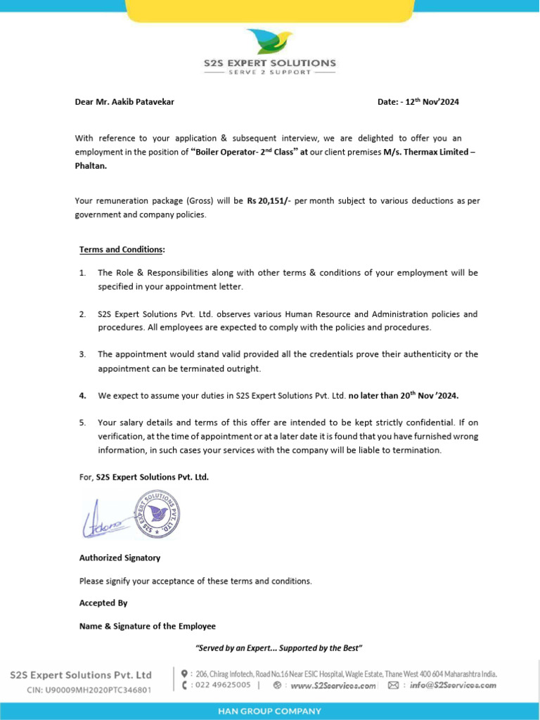 Thermax Boiler Operator Offer Letter | PDF