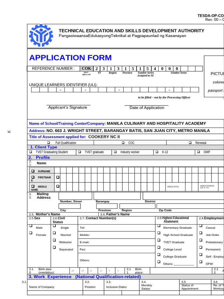 Assessment Application Form Cookery MCHA TESDA | PDF