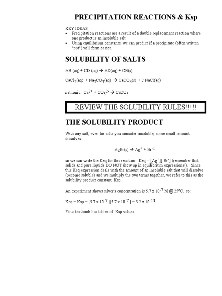 Precipitation Reactions & KSP: Review The Solubility Rules!!!!! | PDF ...