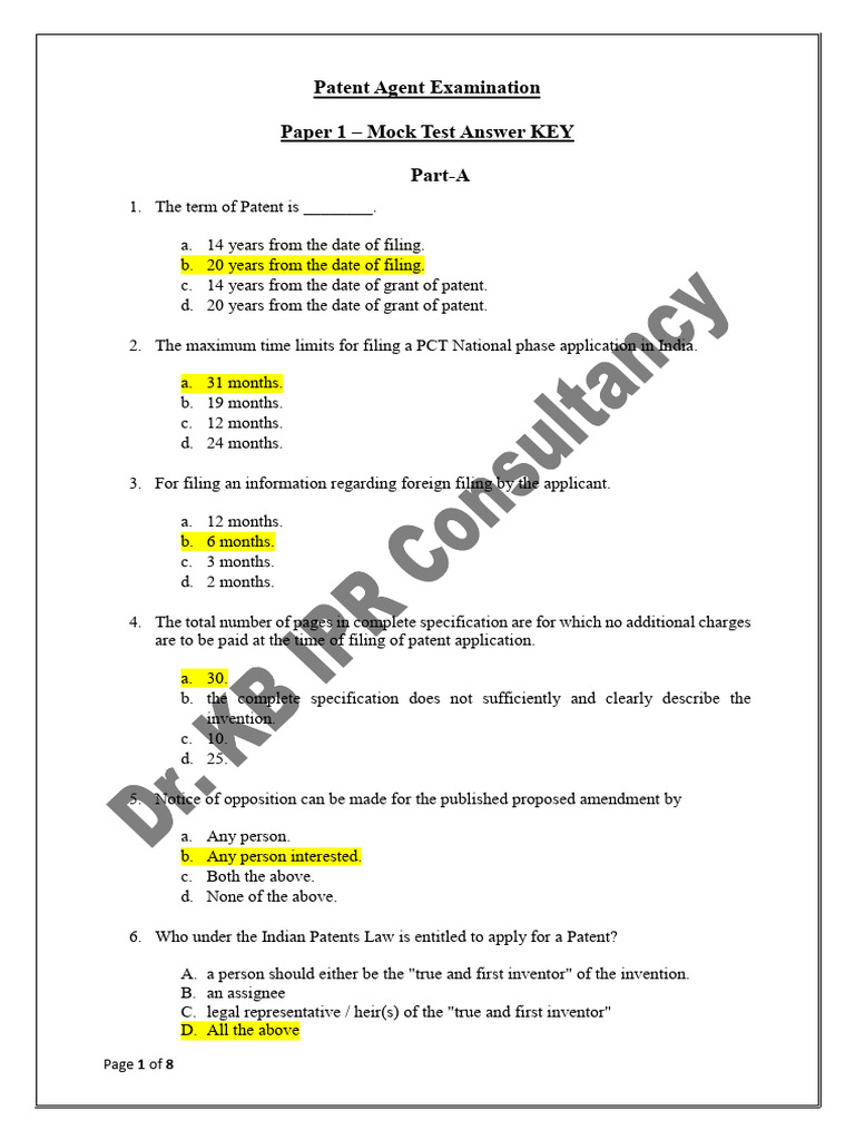 Patent Agent Exam Mock Test Answers | PDF | Patent | Glossary Of Patent ...