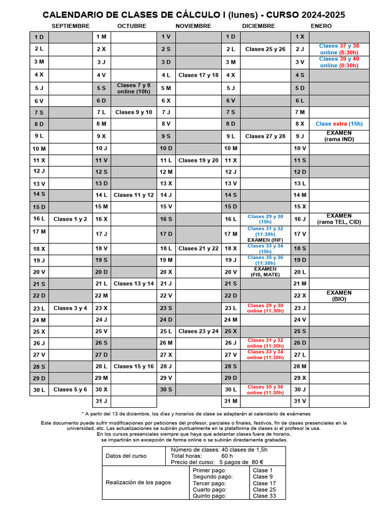 Calendario CAL1 Lunes 1C 2425 5 Pagos (Actualizado 13 Nov 2024) | PDF