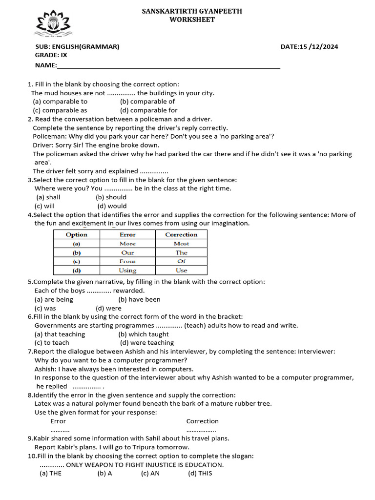Grade 9 English Grammar Worksheet | PDF