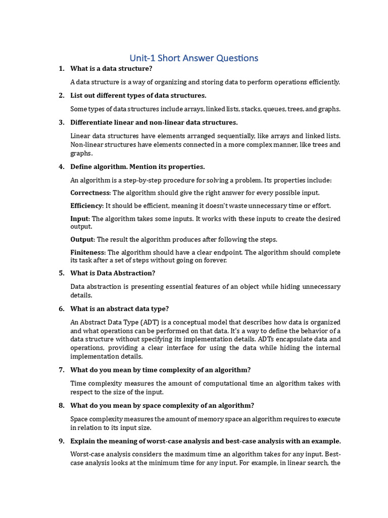 Unit-1 Short Answer Questions With Answers | PDF | Time Complexity | Data Structure