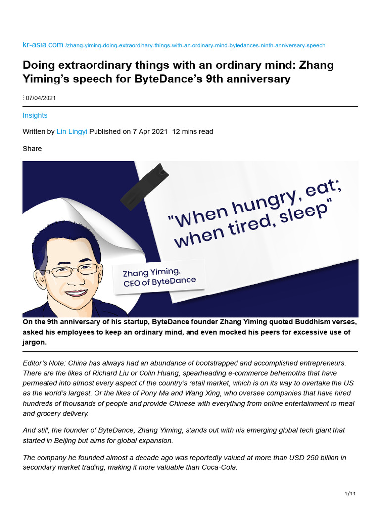 Doing Extraordinary Things With An Ordinary Mind Zhang Yimings Speech For ByteDances 9th ...