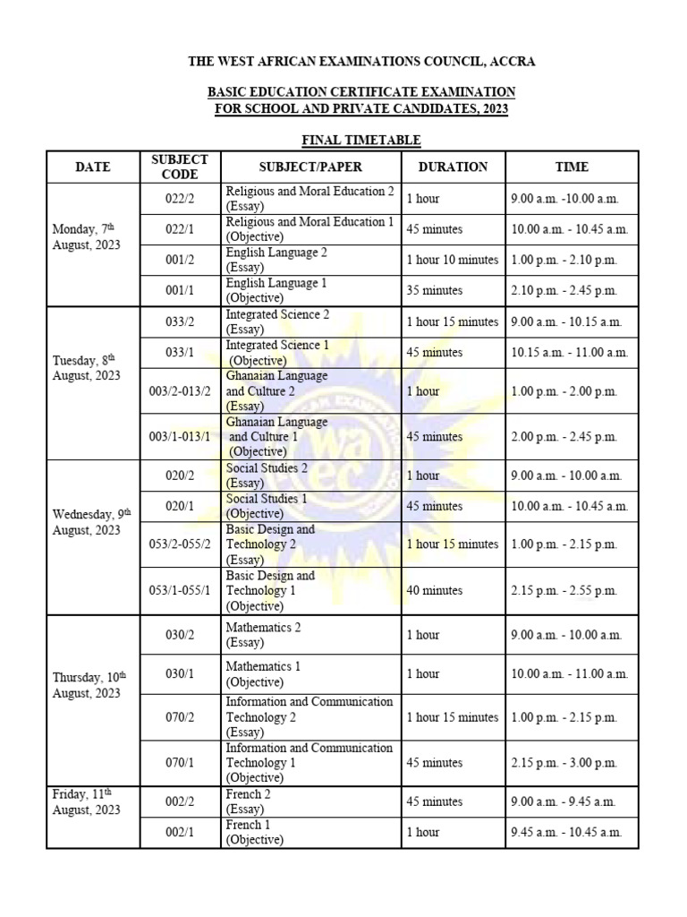 2023 Bece School Timetable | PDF