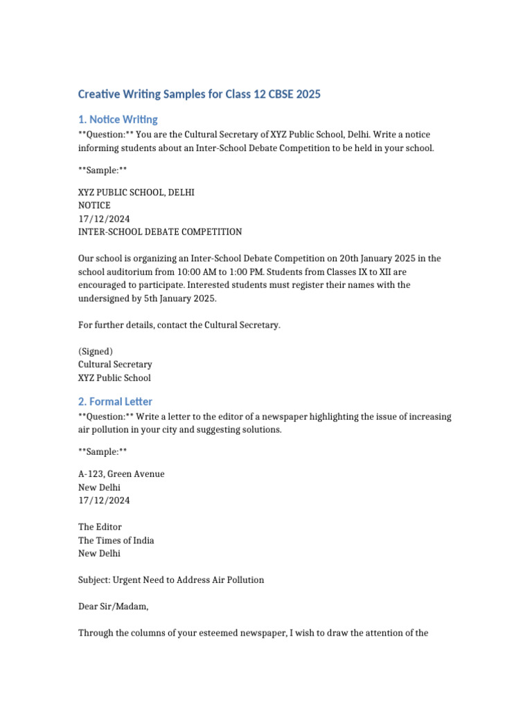 Creative Writing Samples Class 12 CBSE | PDF | Mental Health