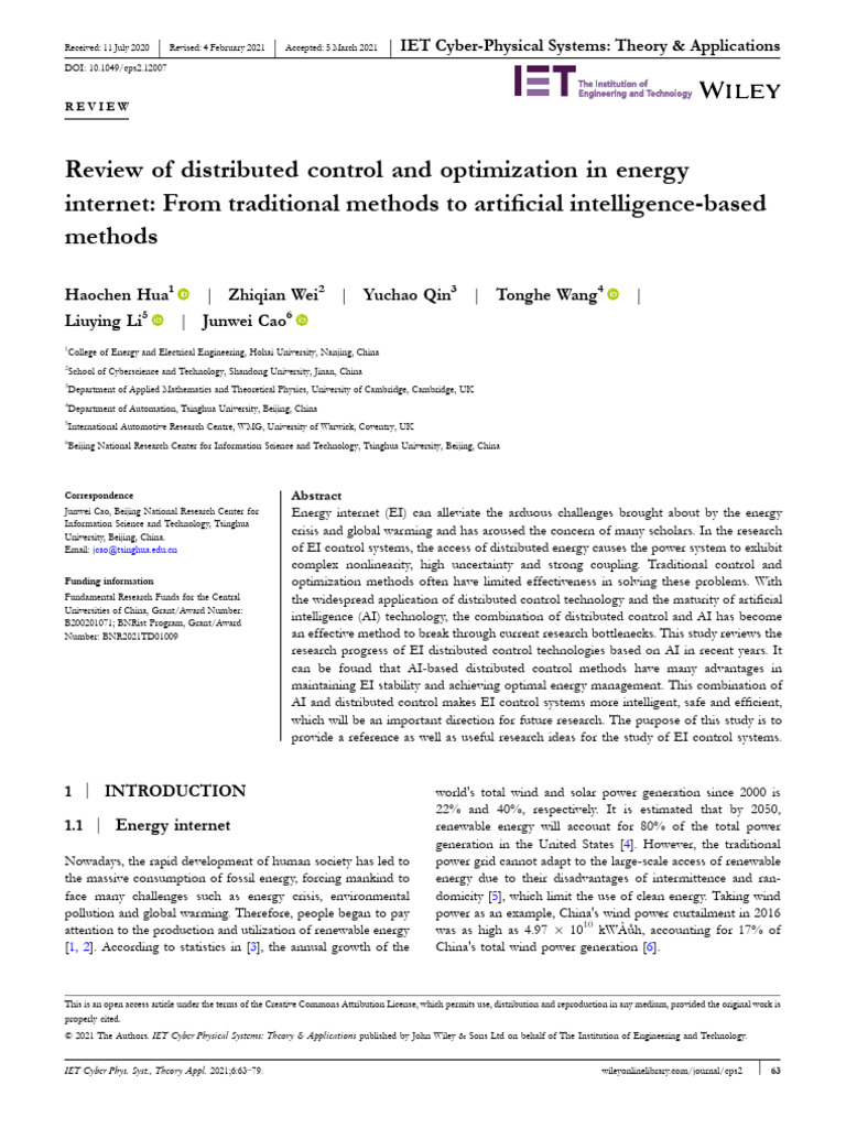 IET Cyber-Phy Sys Theory AP - 2021 - Hua - Review of Distributed Control and Optimization in ...