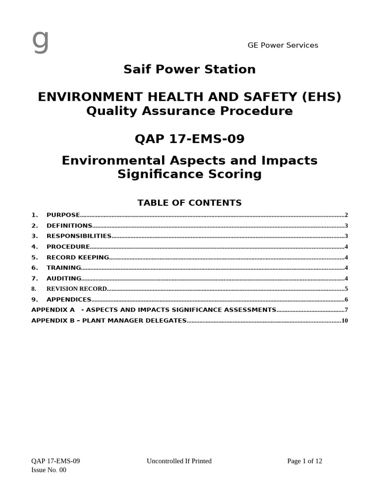 QAP 17-EMS-09 Environmental Aspects and Impacts Significance Scoring | PDF | Risk | Emergency