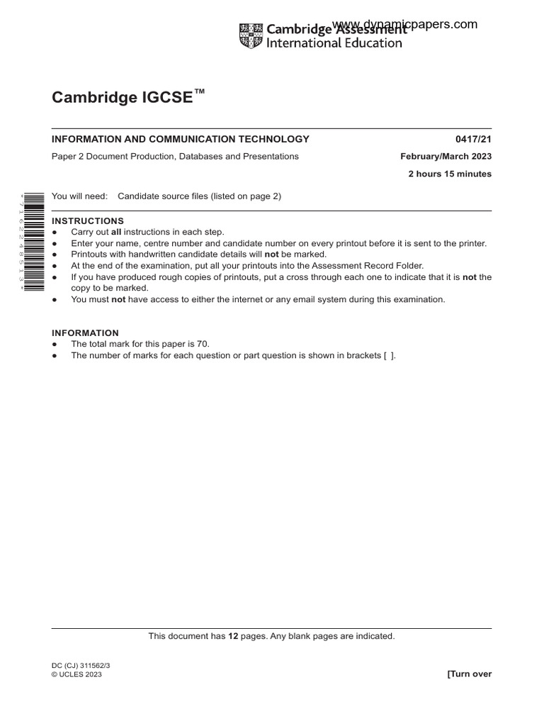 IGCSE ICT 0417/21 Paper 2 Instructions | PDF | Typefaces | Page Layout