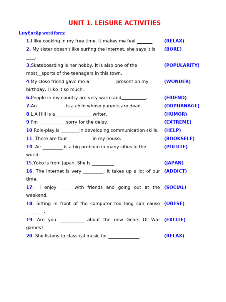 Word form TA8 - Unit 1 | PDF