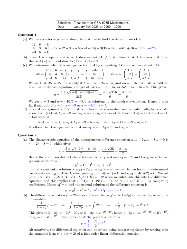 final-2023-01-sol | PDF | Eigenvalues And Eigenvectors | Matrix (Mathematics)