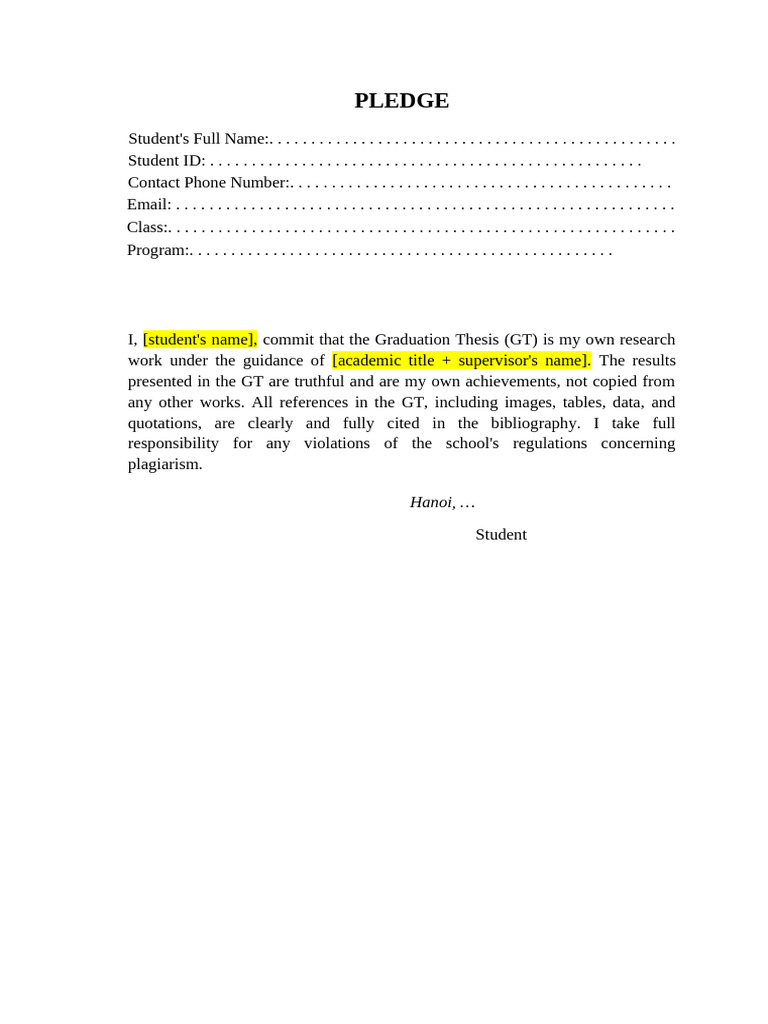 Graduation Thesis Plagiarism Pledge | PDF
