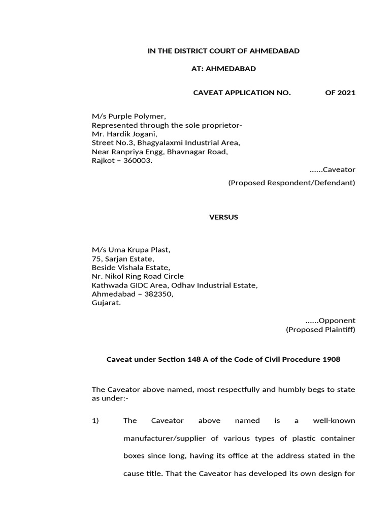 CAVEAT APPLICATION & AFFIDAVIT - Purple Polymer | PDF | Lawsuit | Justice