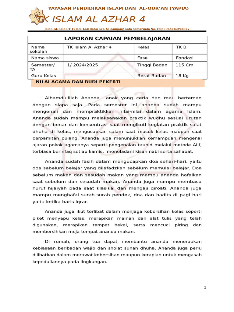 Contoh Rapot Kumer TK | PDF